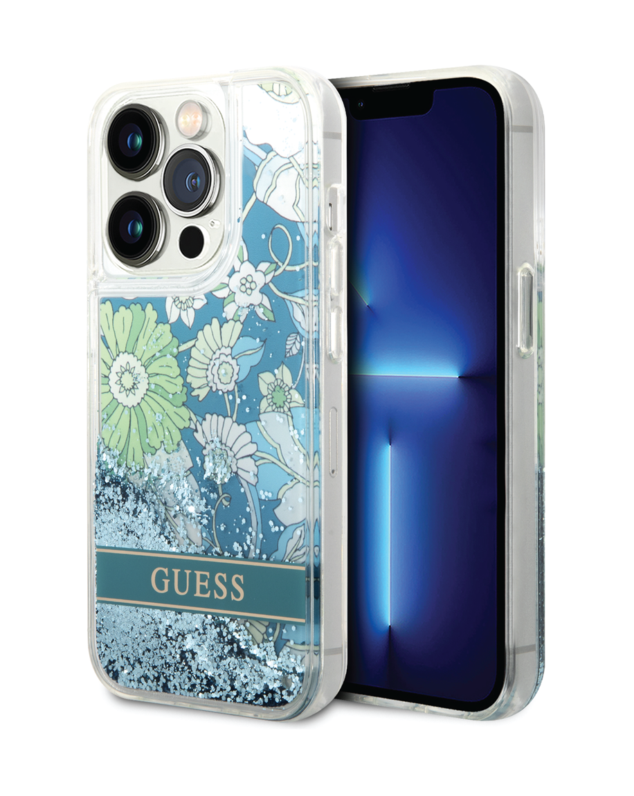 Guess Liquid Glitter Case With Flower Pattern For iPhone 14 Pro Max - Green