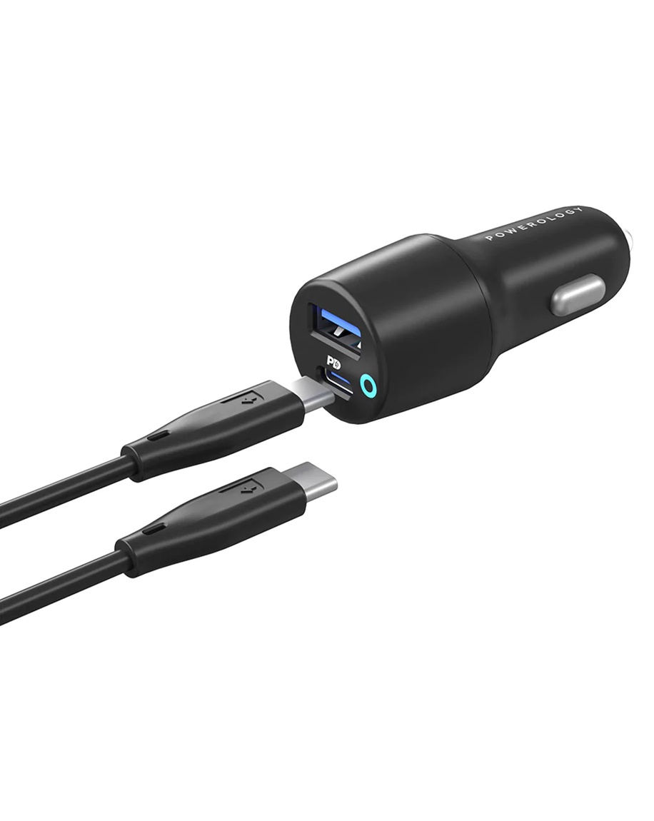 Powerology Dual Port LED Car Charger PD 20W+QC 18W - Black